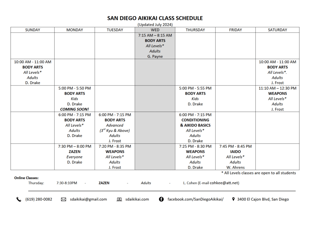 Weekly Schedule - San Diego Aikikai